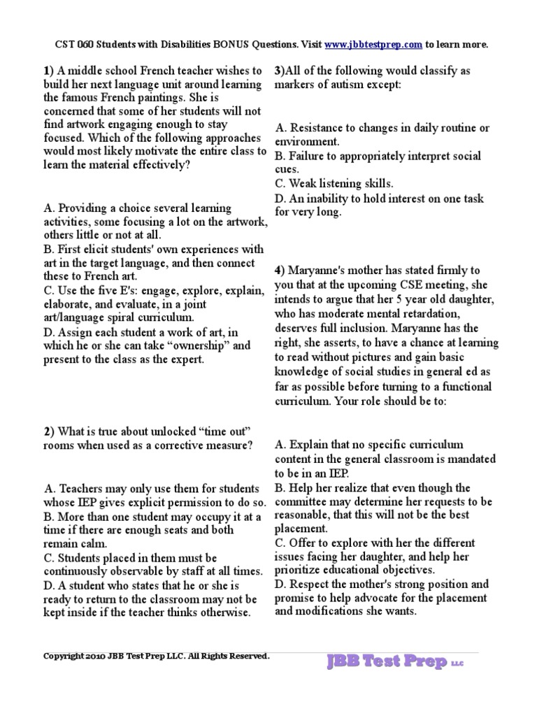 CST Students With Disabilities Practice Exam JBB Test Prep PDF | PDF ...