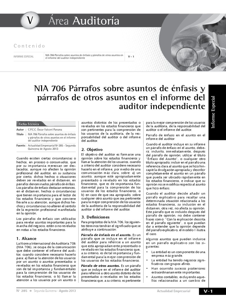 Resumen de La NIA 706 | PDF | Auditoría financiera | Contralor