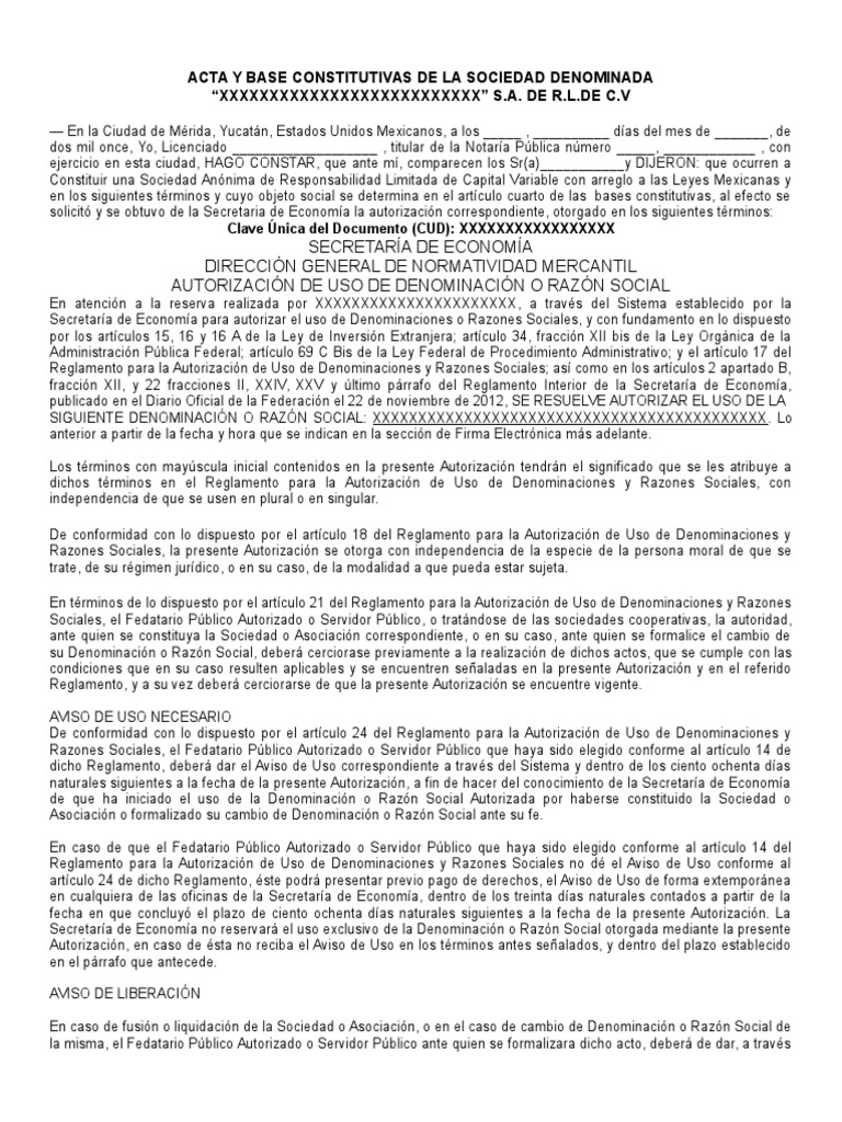 Acta Constitutiva Sa de RL de CV Consulturia Modelo 1 | PDF | Liquidación | Compartir (Finanzas)