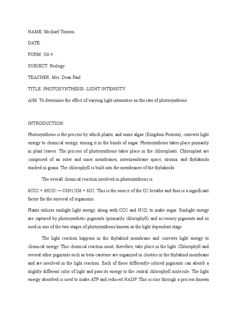 Lab 2 - Photosynthesis - Light Intensity | PDF | Photosynthesis ...