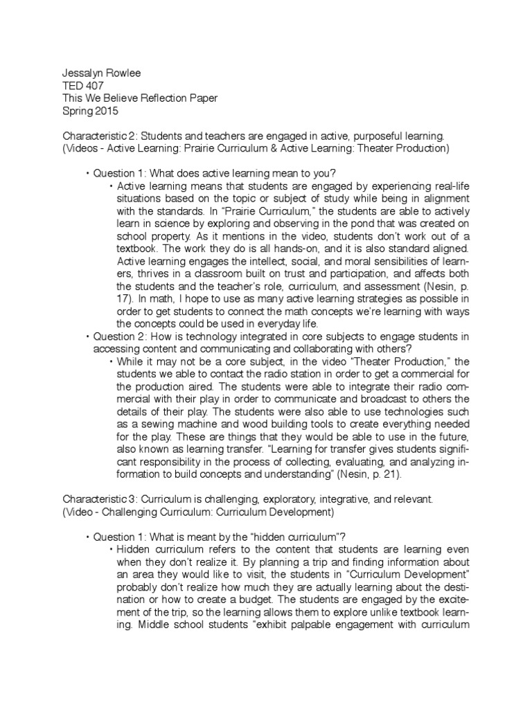 This We Believe Reflection Paper | PDF | Curriculum | Teachers