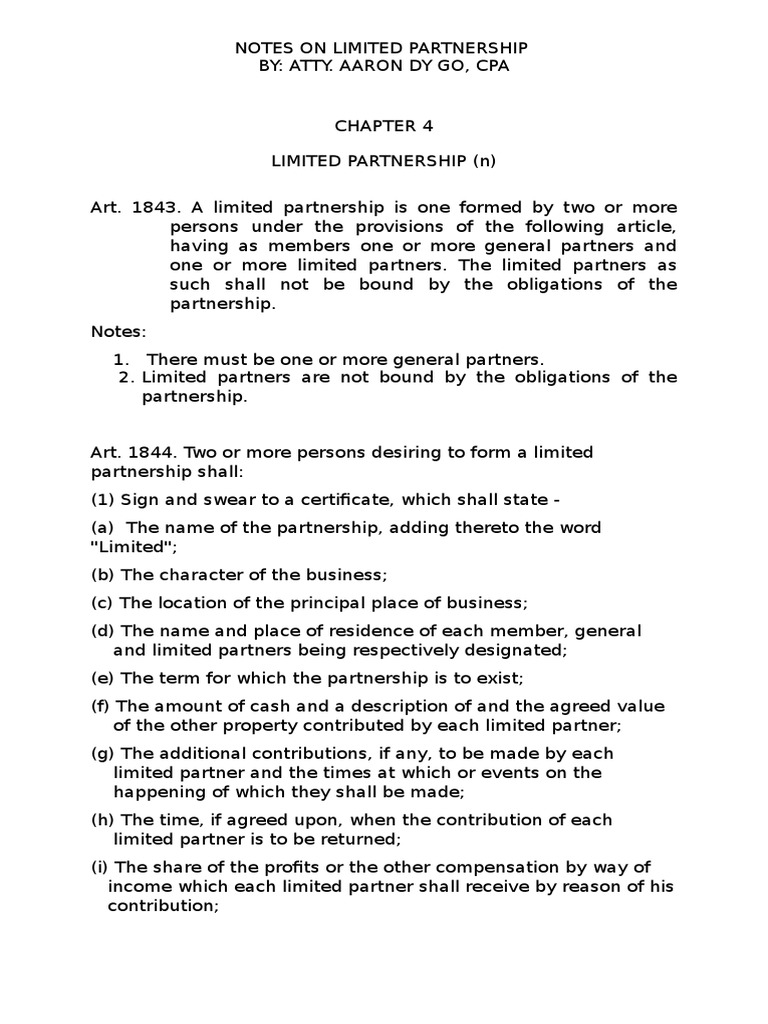 Notes On Limited Partnership | PDF | Limited Partnership | Partnership