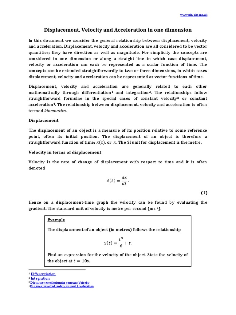 Displacement Velocity Acceleration | PDF | Velocity | Acceleration