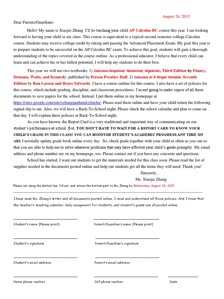 Letter To Parents-Ap Calc BC | PDF | Advanced Placement | Cognition