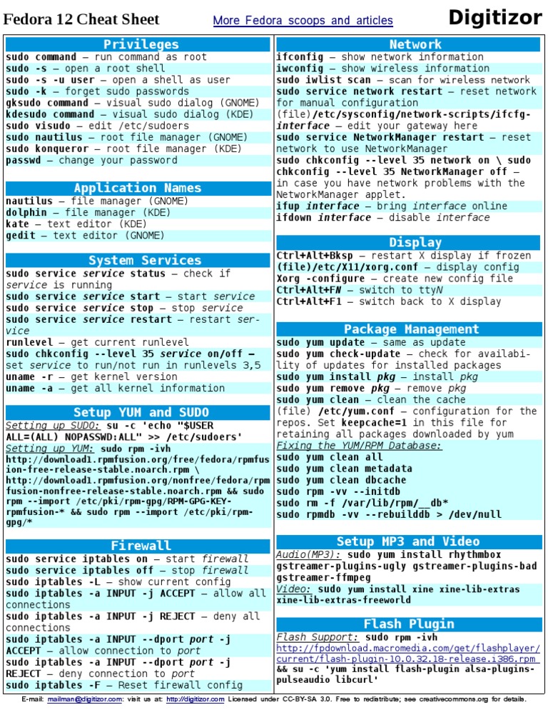 Fedora 12 Cheat Sheet | PDF | Sudo | Fedora (Operating System)