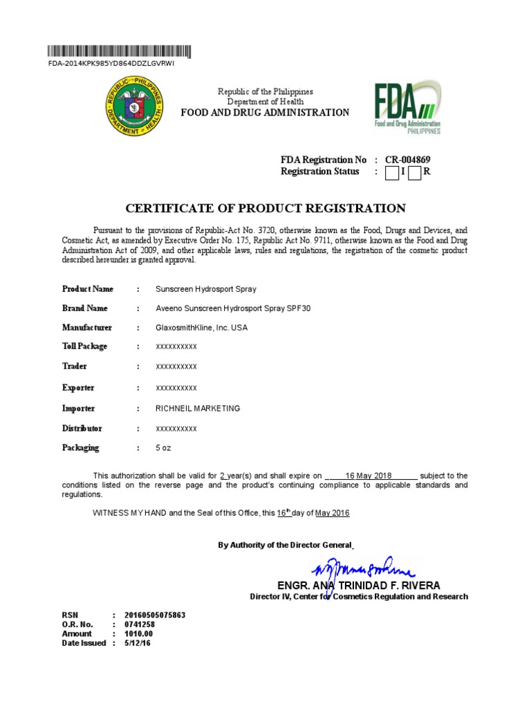 Certificate of Product Registration: Food and Drug Administration | PDF