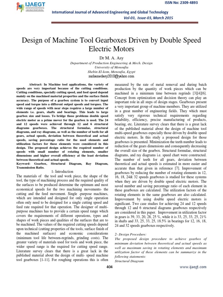 Design of Machine Tool Gearboxes Driven by Double Speed Electric Motors ...