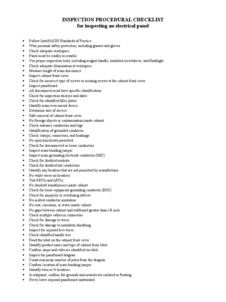 Electrical Panel Inspection Checklist Pdf Electrical Conductor