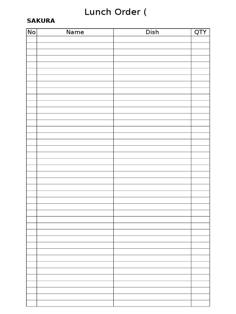 Lunch Order : No Name Dish QTY | PDF