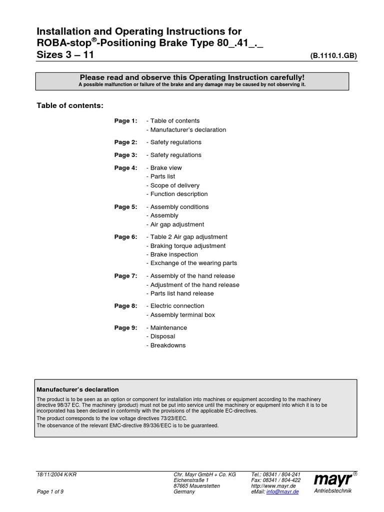 Mayr Roba Stop b.1110.1.Gb | PDF | Brake | Screw