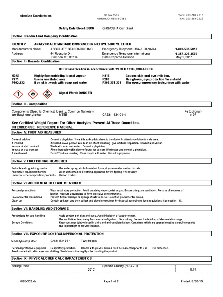 MtBE SDS | PDF | Toxicity | Materials