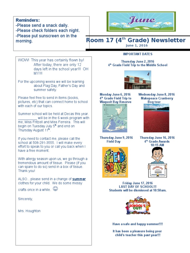 June 2016 4th Grade Newsletter | PDF | Wellness