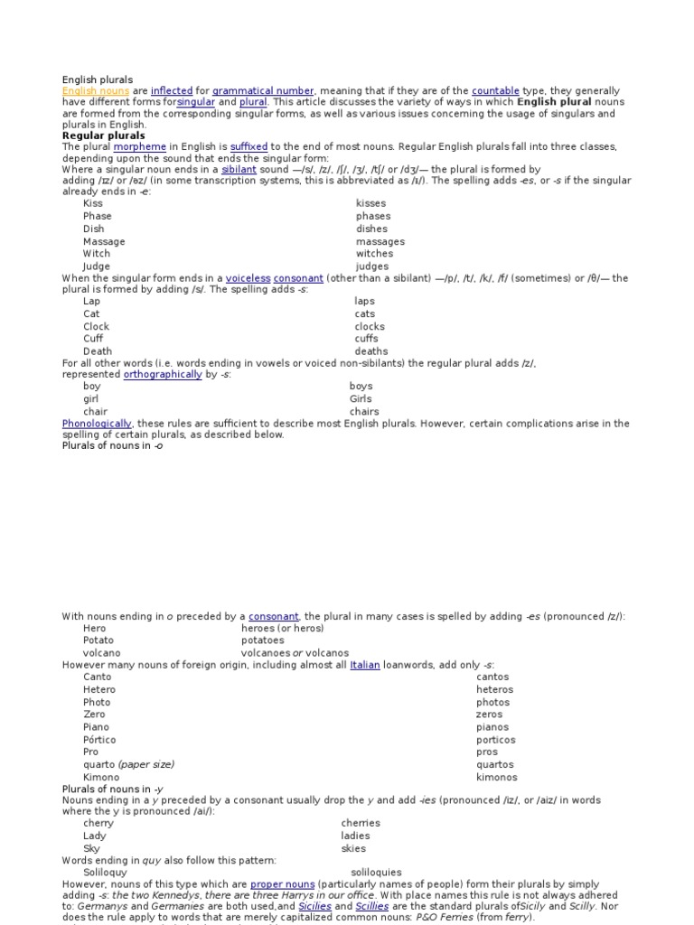 English Plurals Grammatical Rules Regular and Irregular | PDF ...