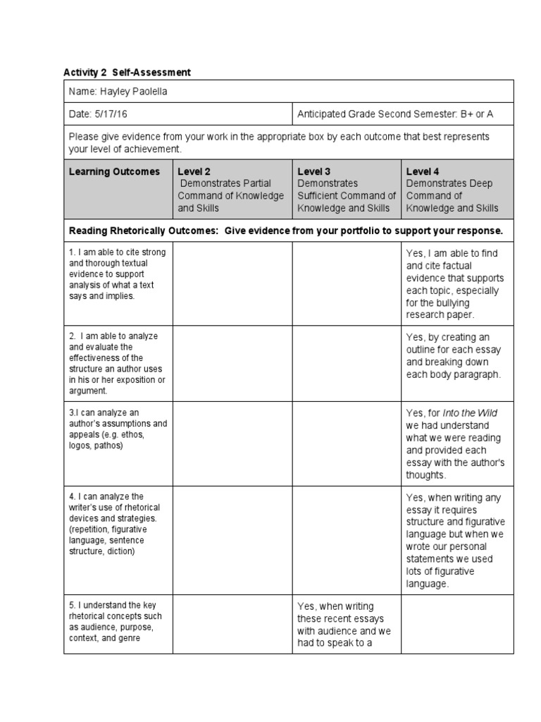 Self-Assessment of Rhetorical Skills | PDF | Essays | Applied Psychology
