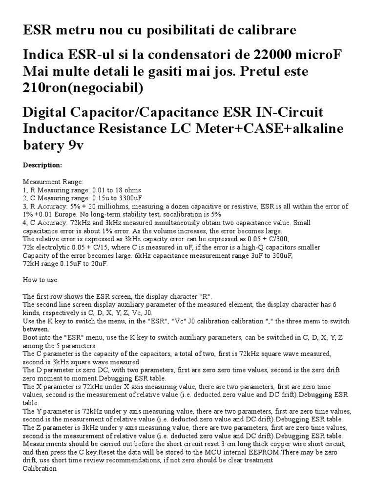 ESR Metru Nou Cu Posibilitati de Calibrare | PDF | Capacitor | Force