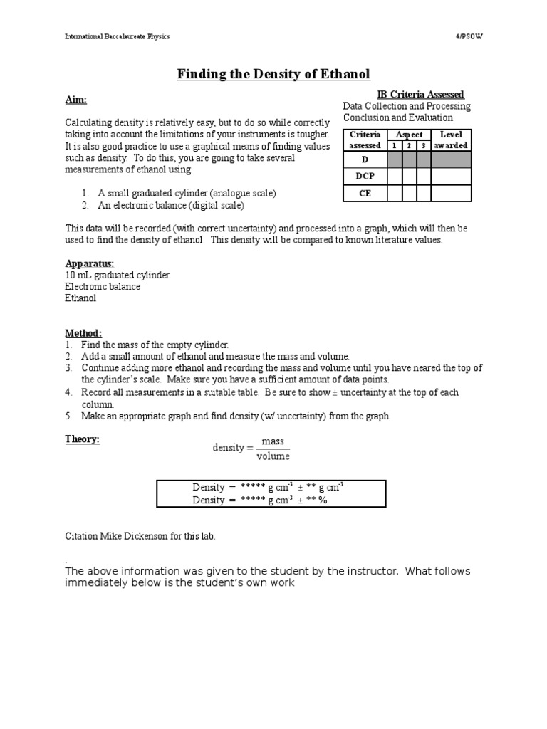 Ib Lab - Density of Ethanol, DCP | PDF | Quantitative Research | Data