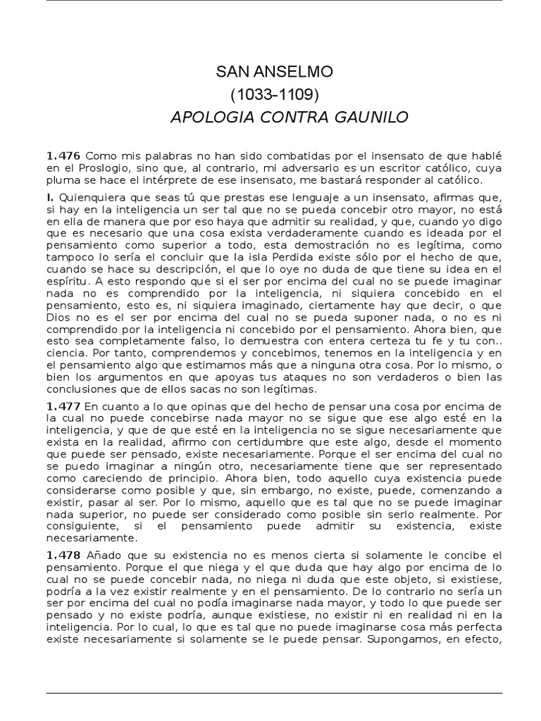 San Anselmo - Apologia Contra Gaunilo | PDF | Nada | Existencia