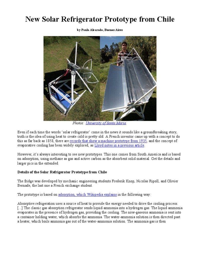 New Solar Refrigerator Prototype From Chile | PDF | Refrigerator ...