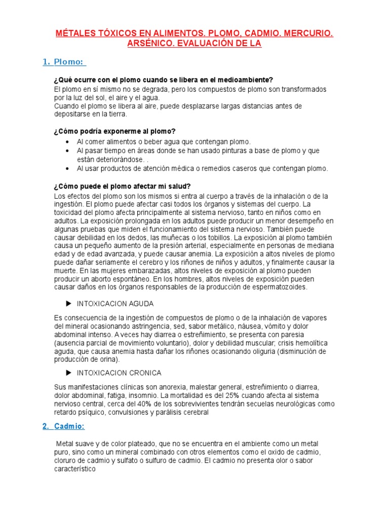 Metales Toxicos en Alimentos | PDF | Cadmio | Arsénico