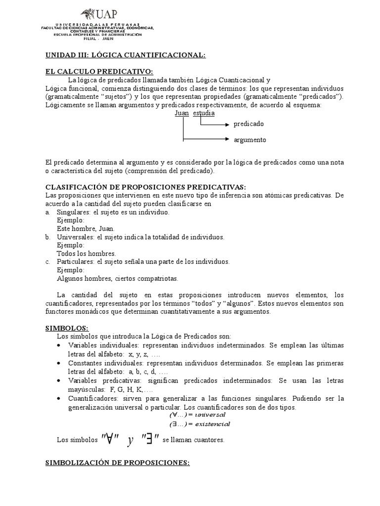Unidad III - Lógica | PDF | Lógica de primer orden | Proposición