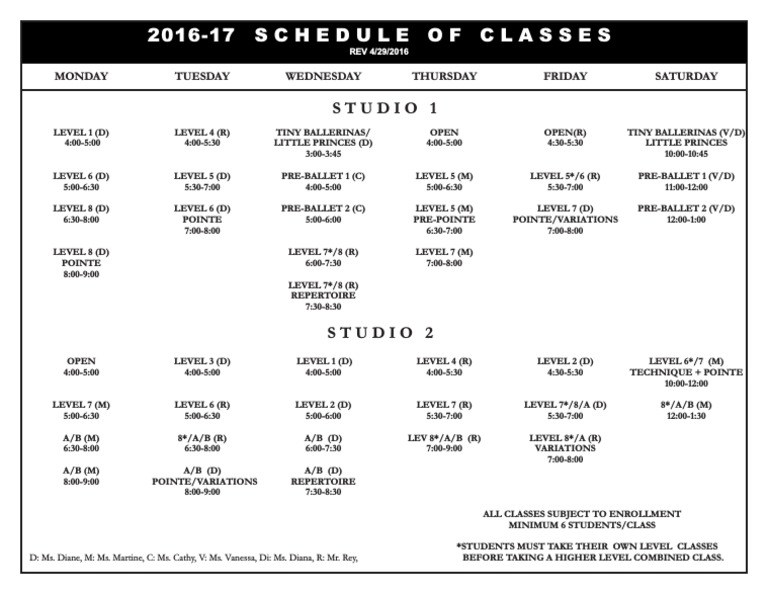 2016-17 Ballet Class Schedule | PDF