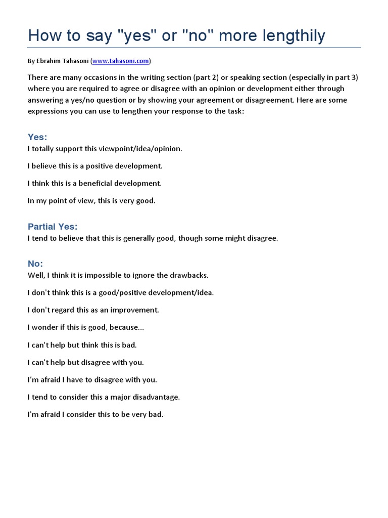 Lengthening Yes/No Responses for IELTS | PDF | Wellness