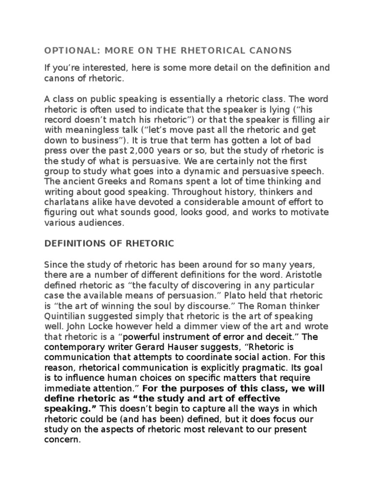 Optional: More On The Rhetorical Canons: Definitions of Rhetoric ...