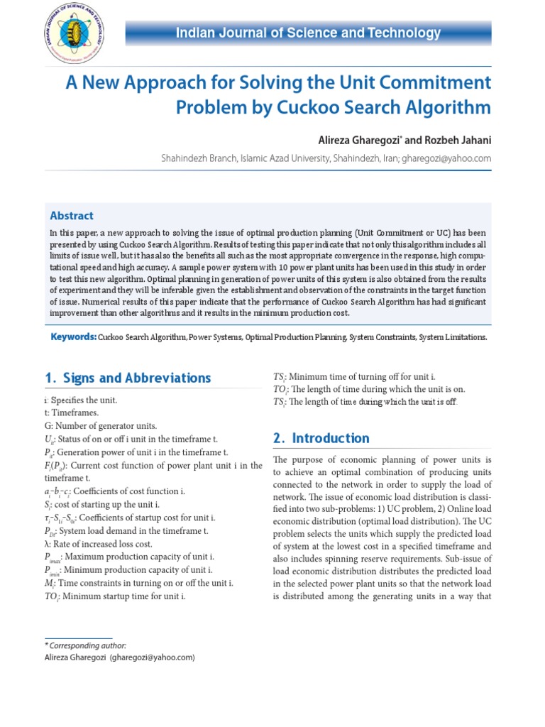 A New Approach For Solving The Unit Commitment Problem by Cuckoo Search Algorithm | PDF ...