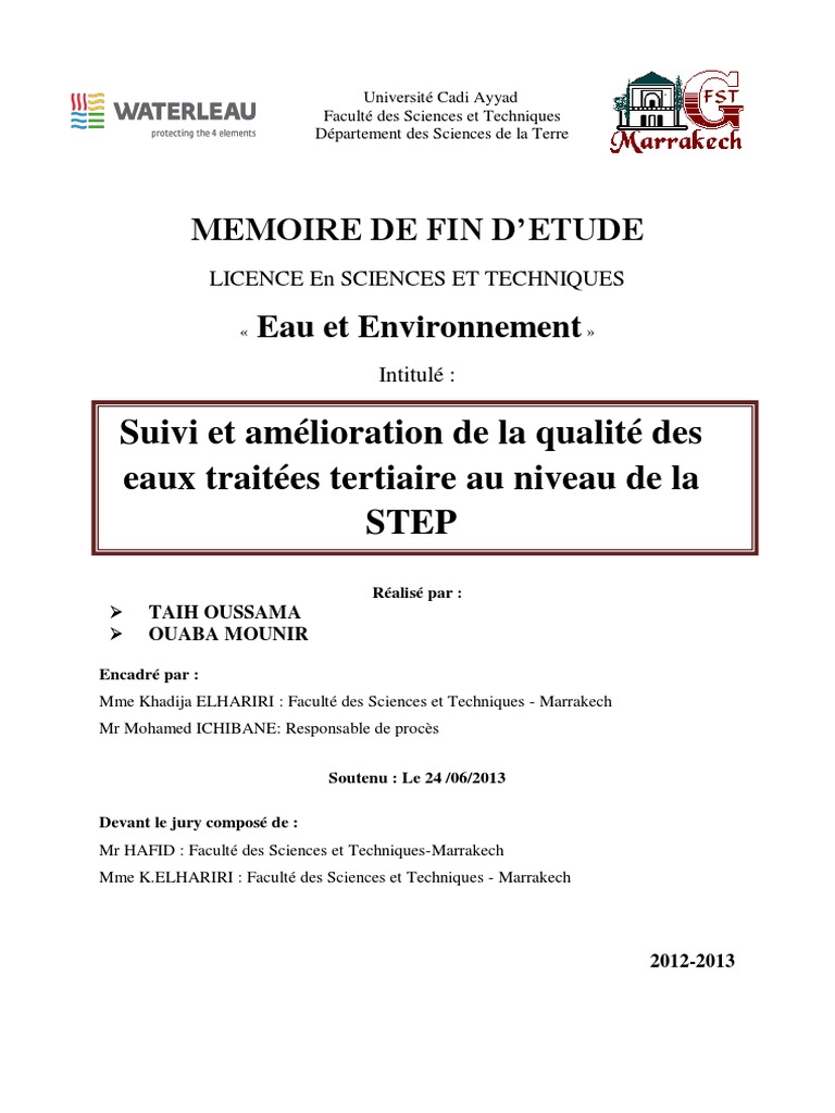 Suivi Et Amélioration de La Qualité Des Eaux Traitées Tertiaire Au ...