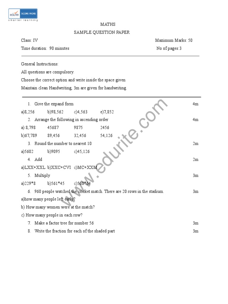 Class 4 ICSE Maths Sample Paper | PDF