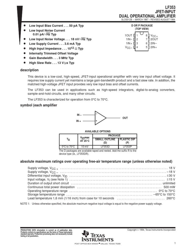 D D D D D D D D: LF353 Jfet-Input Dual Operational Amplifier | PDF ...