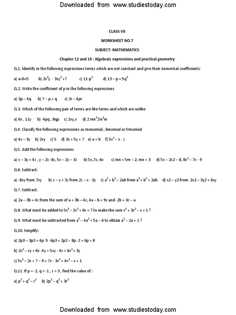CBSE Class 7 Maths Worksheet - Algebraic Expression | PDF ...