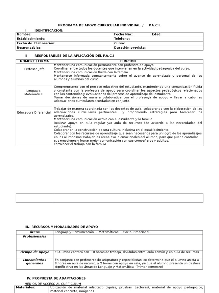 Ejemplo de Programa de Apoyo Curricular Individual (P.a.c.i.) | PDF | Lectura (proceso) | Maestros