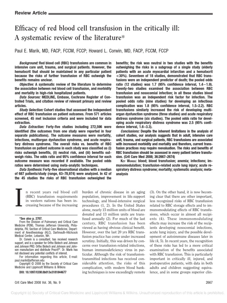 Efficacy of Red Blood Cell Transfusion in The Critically Ill (Original ...