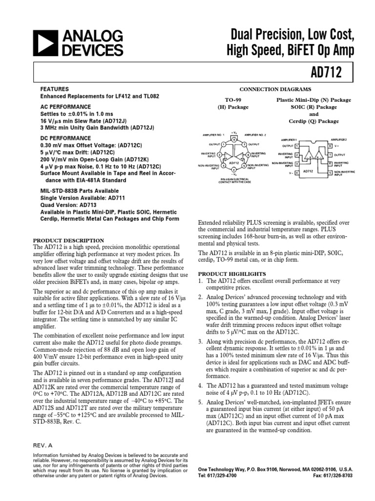 AD712 | Download Free PDF | Amplifier | Operational Amplifier
