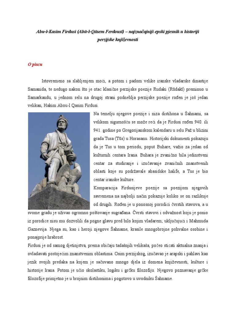 Tekst o Firdusiju I Njegovoj Šahnami | PDF