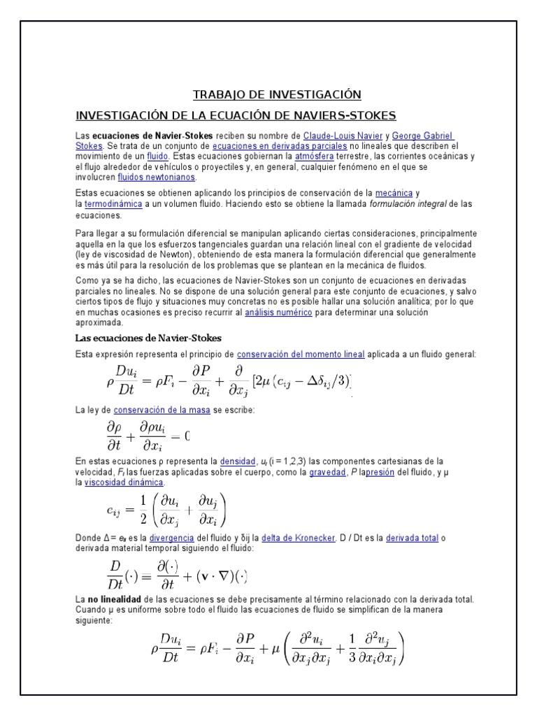 Ecuación De Naviers Stokes Ecuaciones De Navier Stokes