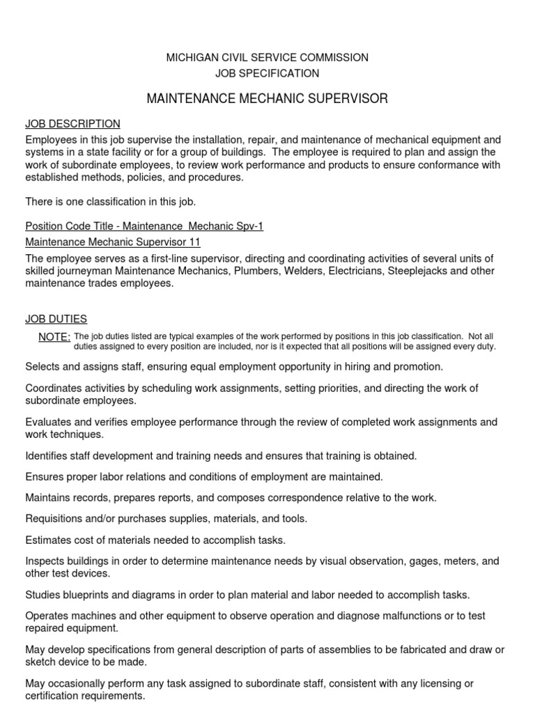 Mechanic Supervisor | PDF | Supervisor | Employment