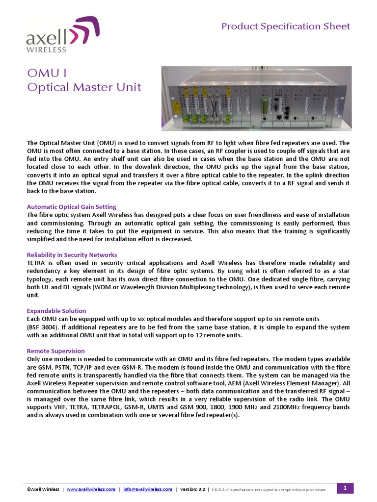 Axell Wireless OMU I Product Spec V3-2 | Modem | Base Station | Free 30 ...