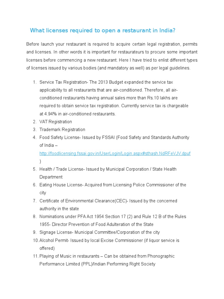 Licenses Needed to Open a Restaurant in India | PDF