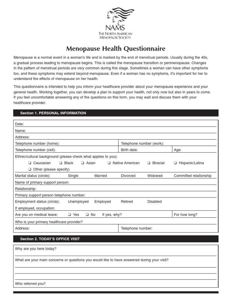 Menopause Health Questionnaire | Sexual Intercourse | Menstrual Cycle