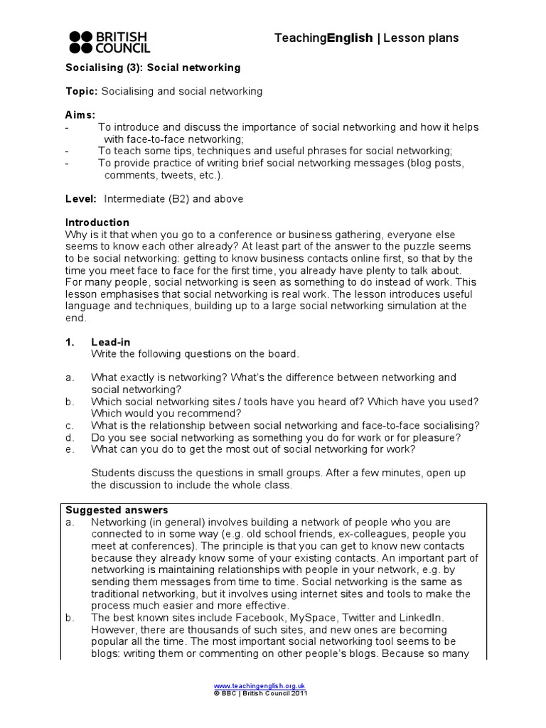 Socialising 3 - Social Networking - Lesson Plan | PDF | Social ...