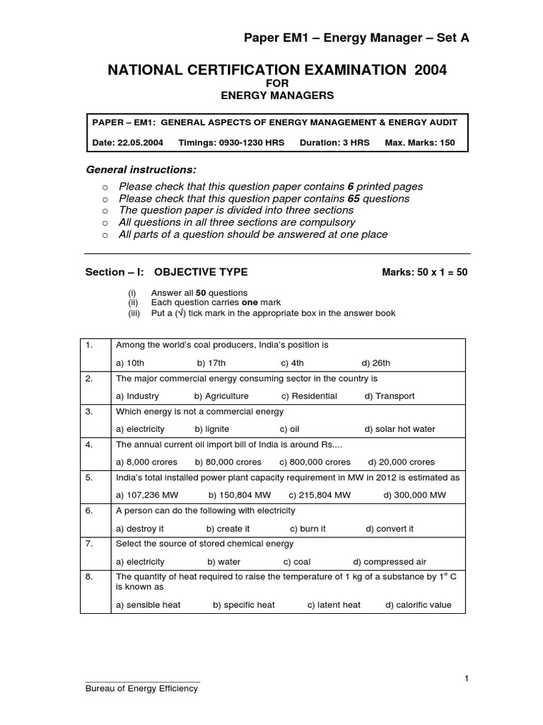 Energy Manager Exam Paper EM1 | PDF | Technology & Engineering