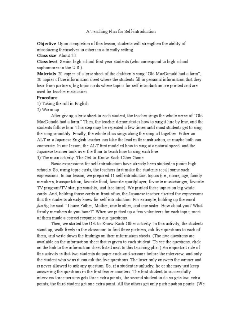 Getting to Know You: A Self-Introduction Lesson Plan Incorporating ...