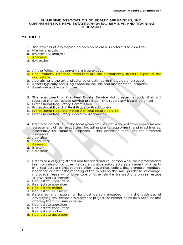 Module 1 Exam | PDF | Real Estate Appraisal | Market Value