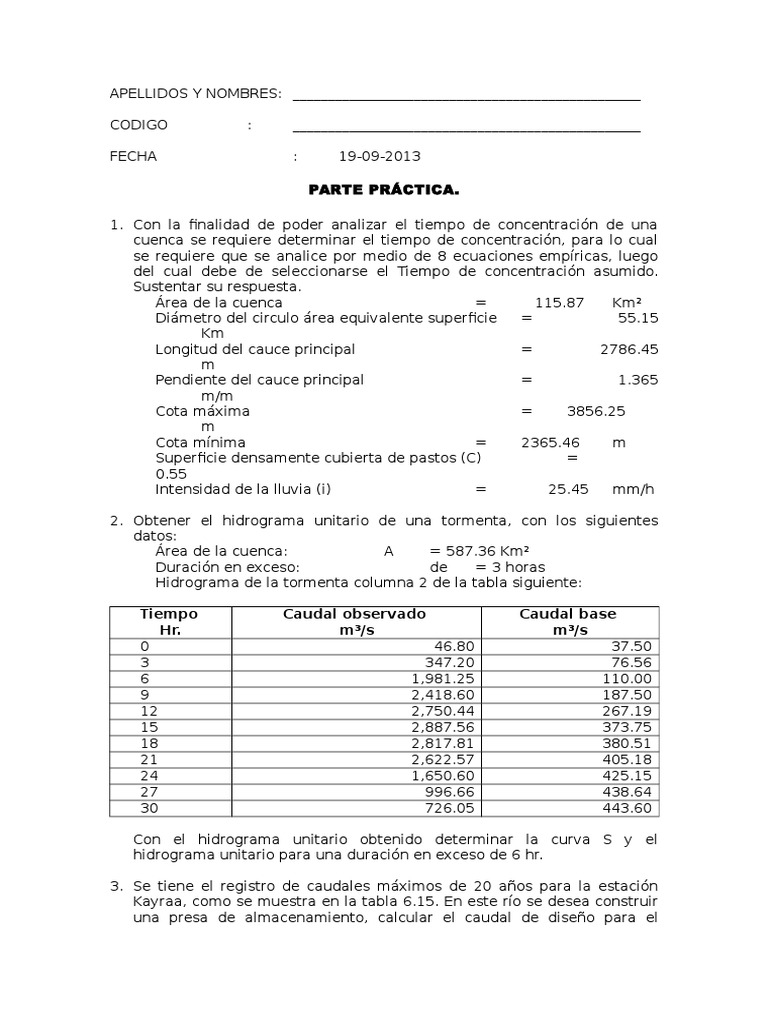 Examen Parcial Problemas Hidro | PDF | Descarga (hidrología) | Hidrología