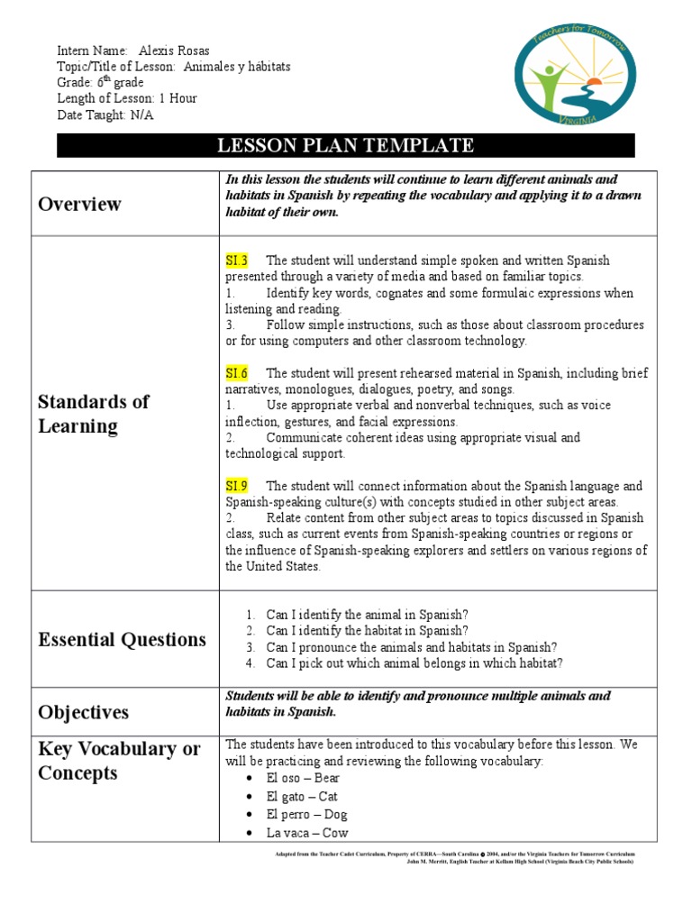 Lesson Plan - Animals Habitats | PDF | Spanish Language | Lesson Plan