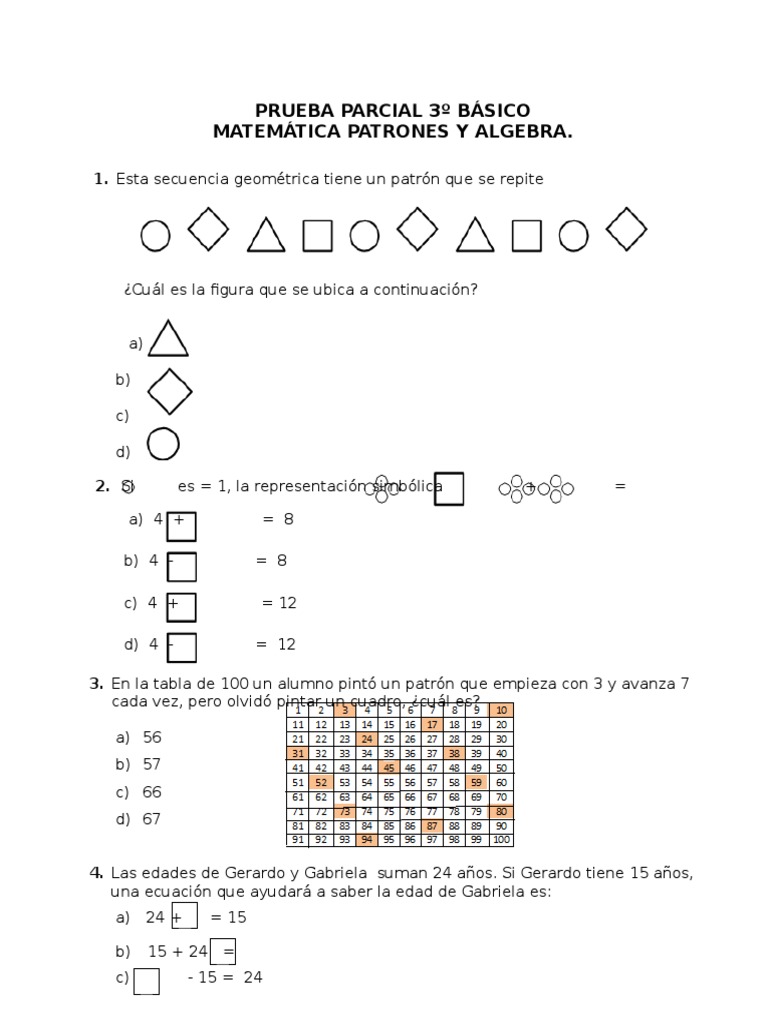 Prueba Patrones y Algebra | Álgebra | Ecuaciones