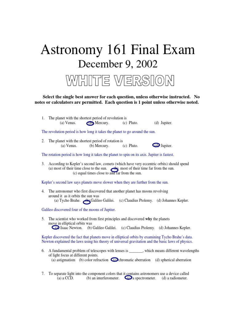 Astronomy 161 Final Exam: December 9, 2002 | PDF | Comet | Planets