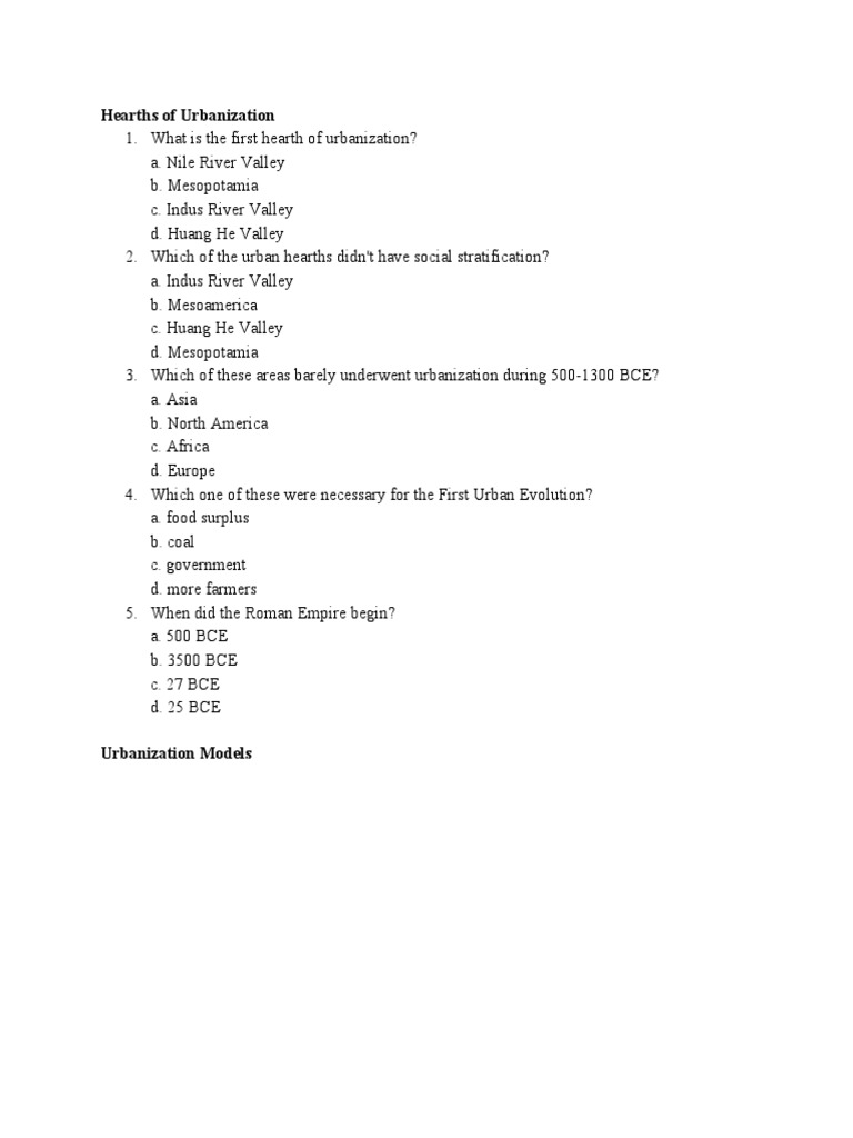 Urbanization and City Models Quiz | PDF | Urbanization | Urban Geography